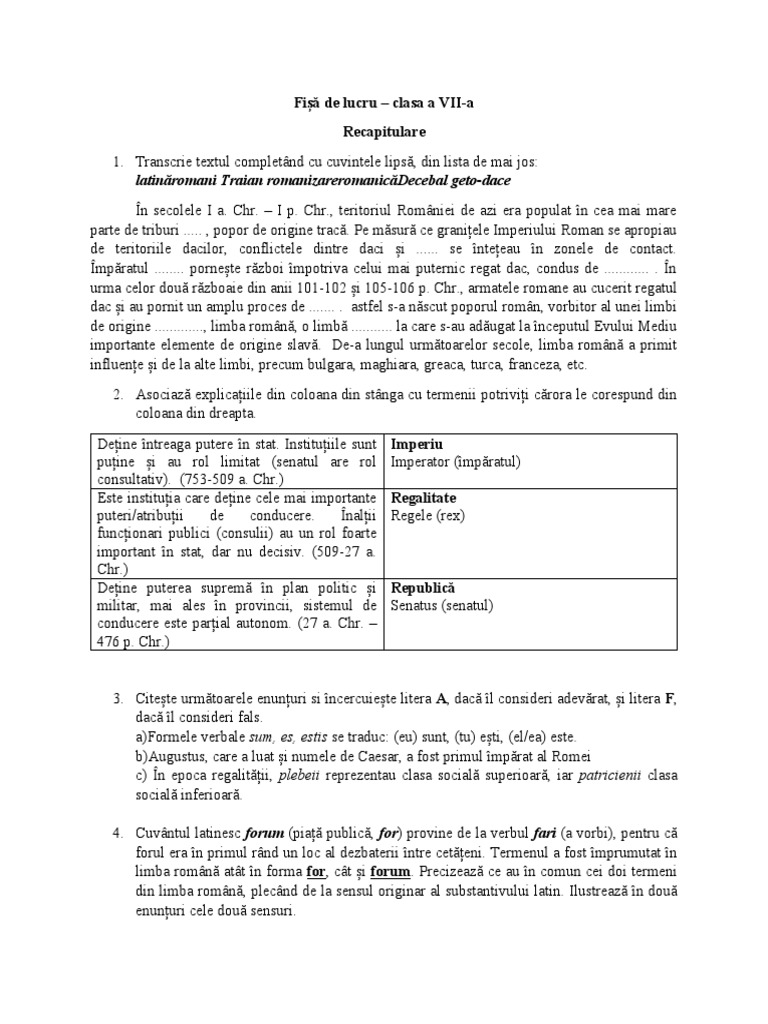 Fisa de Lucru Recapitulare Latina | PDF