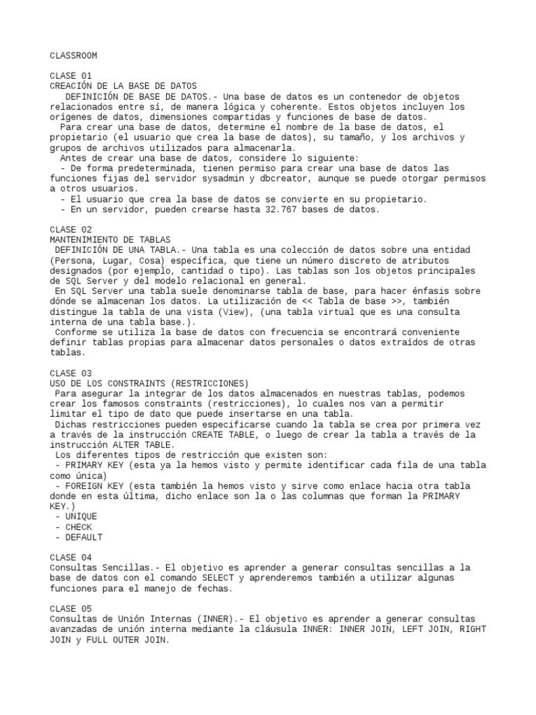 Classroom SQL I | PDF | Bases de datos | Servidor SQL de Microsoft