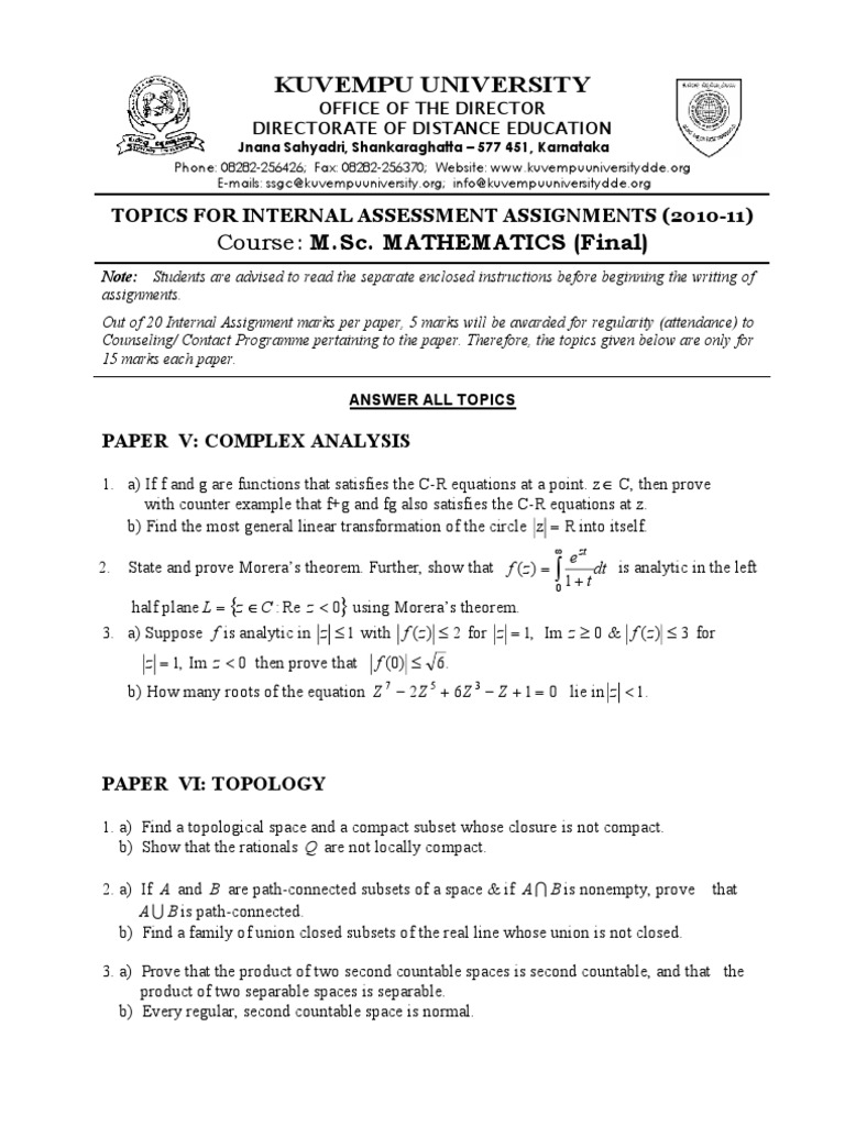 KUVEMPU UNIVERSITY MSc MATHEMATICS TOPICS FOR INTERNAL ASSESSMENT ...