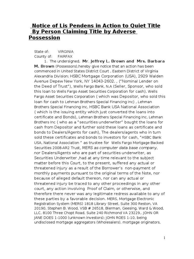 Notice of Lis Pendens in Action To Quiet Title JEFF | PDF | Deed Of ...