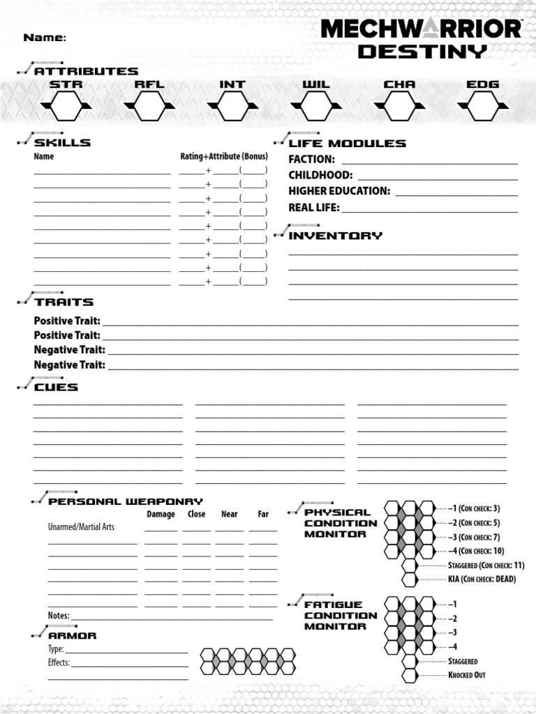 MechWarrior Destiny Character Sheet Long | PDF | Battle Tech ...