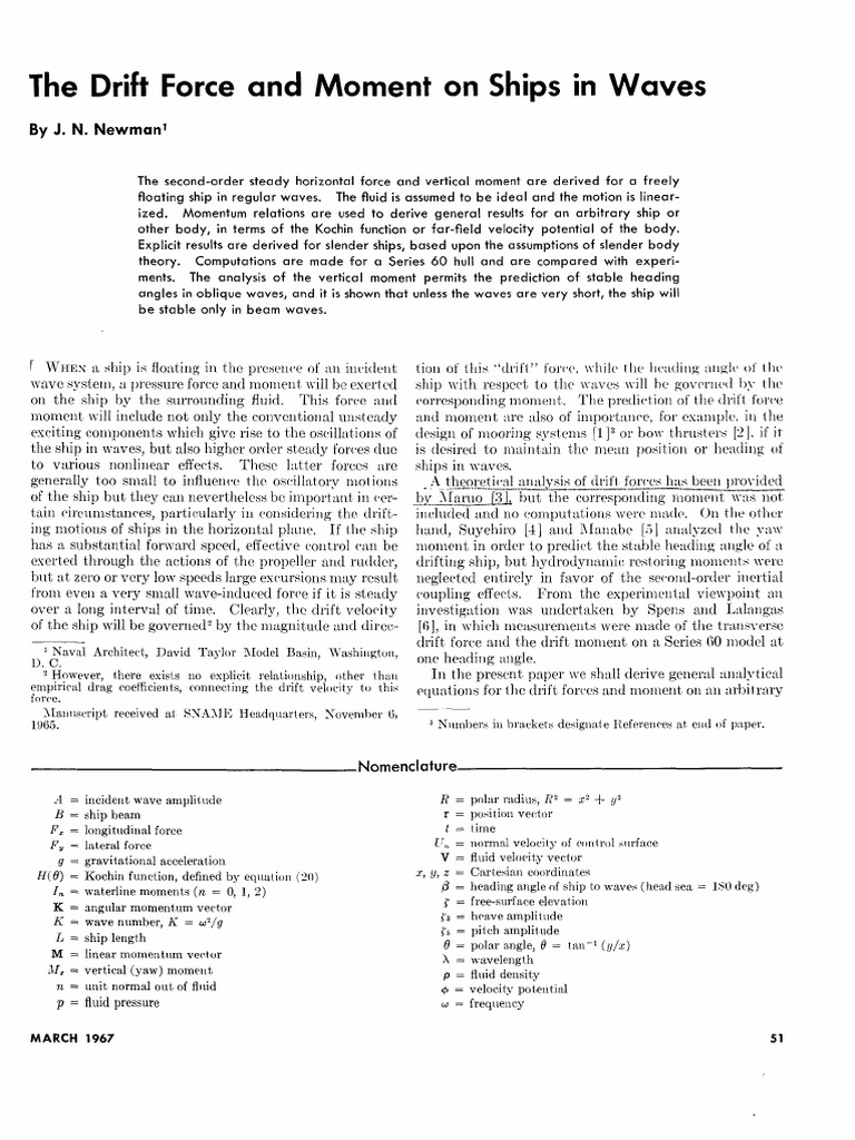 The Drift Force and Moment On Ships in Waves | PDF | Force | Waves