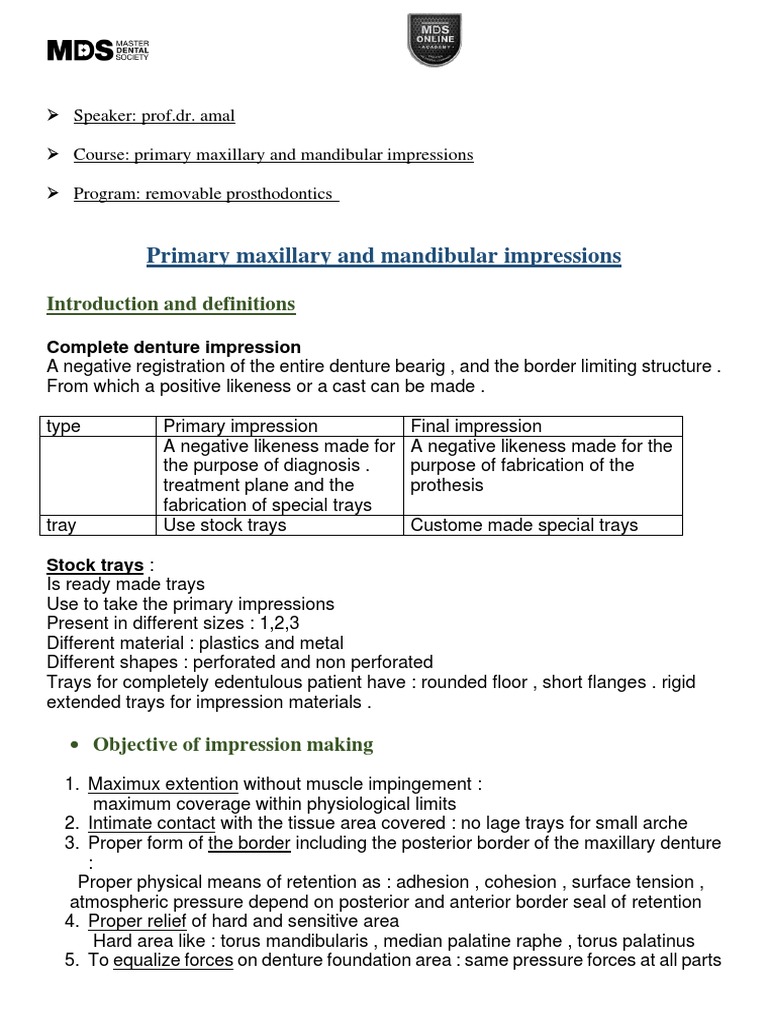 Primary Maxillary and Mandibular Impression Techniques | PDF | Dentures ...
