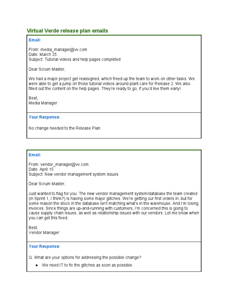 Virtual Verde Release Plan Emails: Email | PDF | Scrum (Software ...
