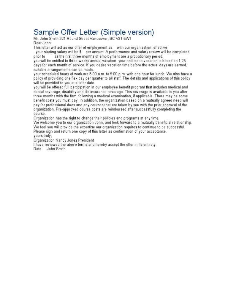 Sample Offer Letter | PDF