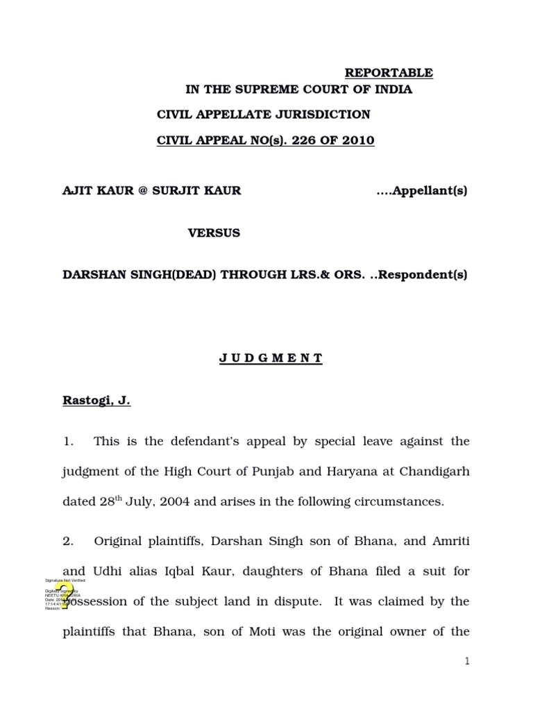 Ajit Kaur Vs Darshan Singh | PDF | Lawsuit | Judgment (Law)