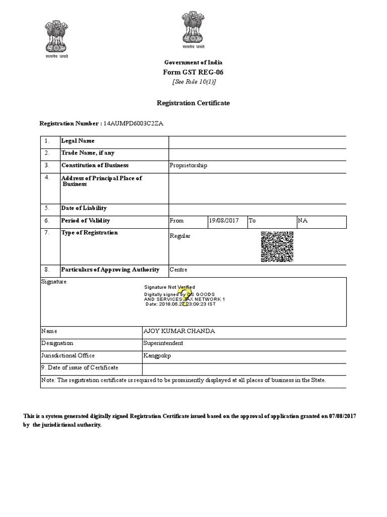Government of India: Form GST REG-06 | PDF