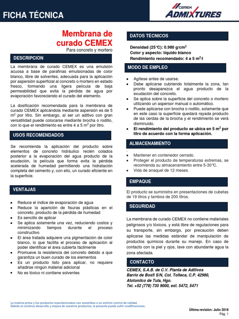 Ficha Técnica: Membrana de Curado CEMEX | PDF | Hormigón | Agua