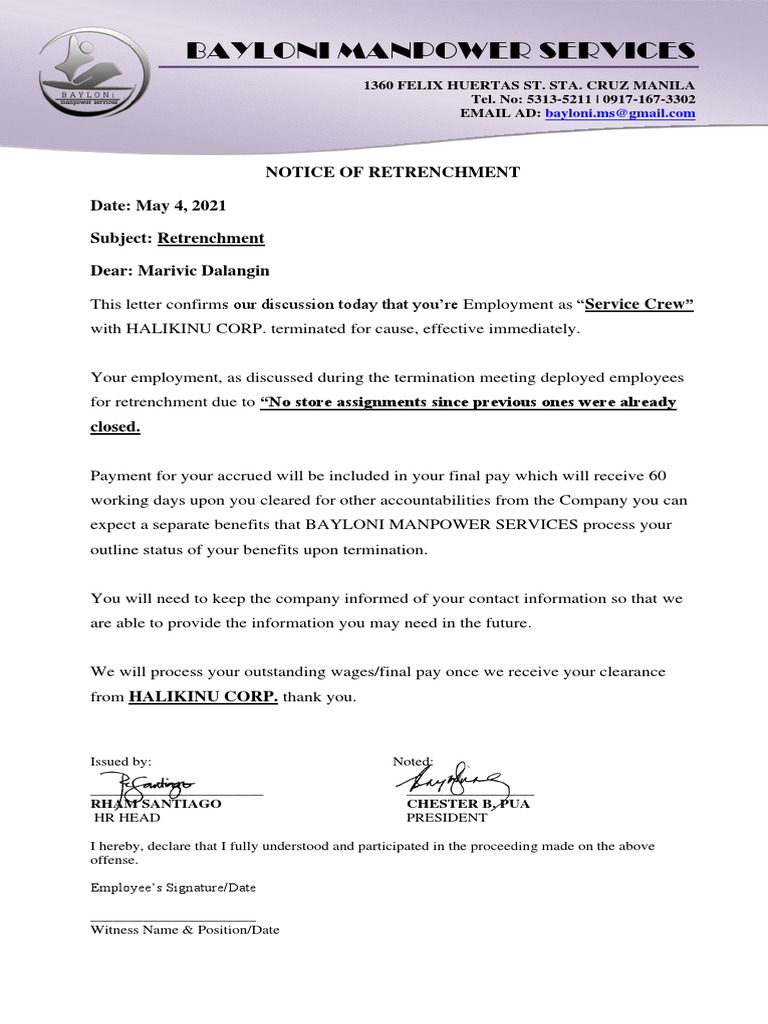 Retrenchment Notice for Service Crew | PDF | Employment | Common Law