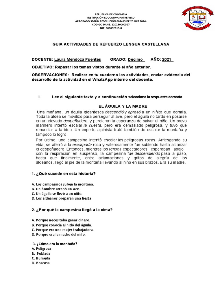 Guia Actividades de Refuerzo - Grado Decimo | PDF