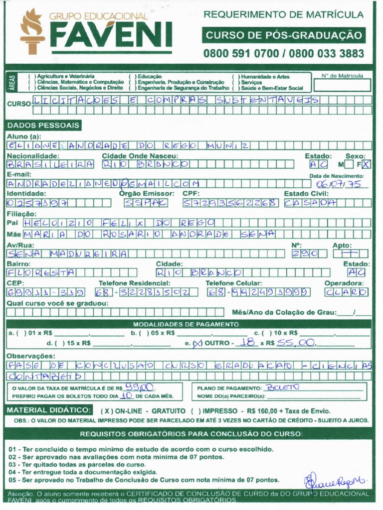Requerimento Matricula Faveni | PDF