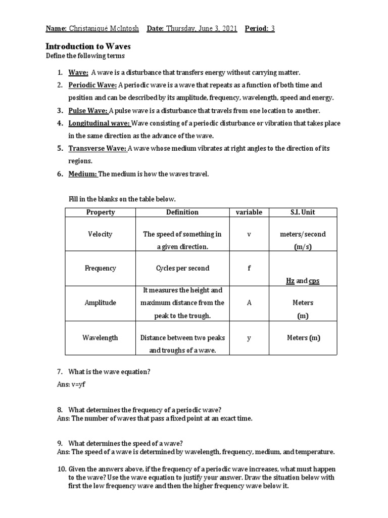 Introduction to Wave Properties: A Student Worksheet Defining Key Wave ...