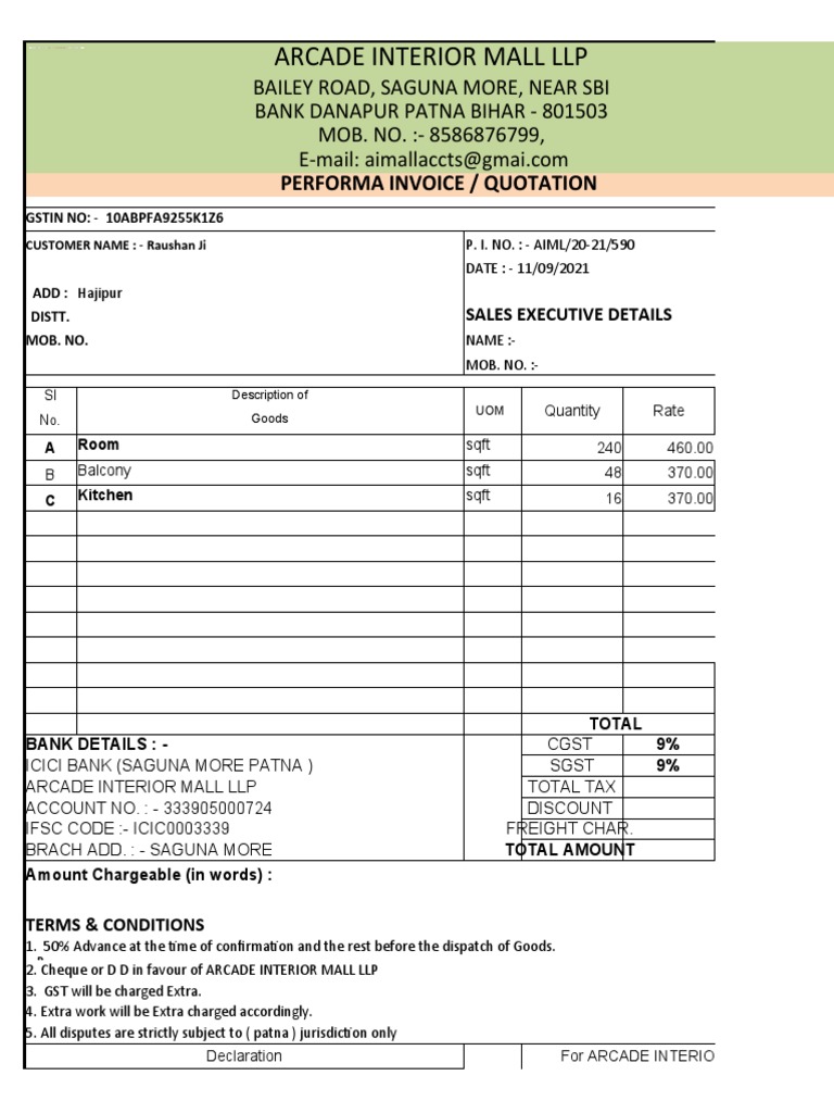 Arcade Interior Mall LLP: Performa Invoice / Quotation | PDF | Payments ...