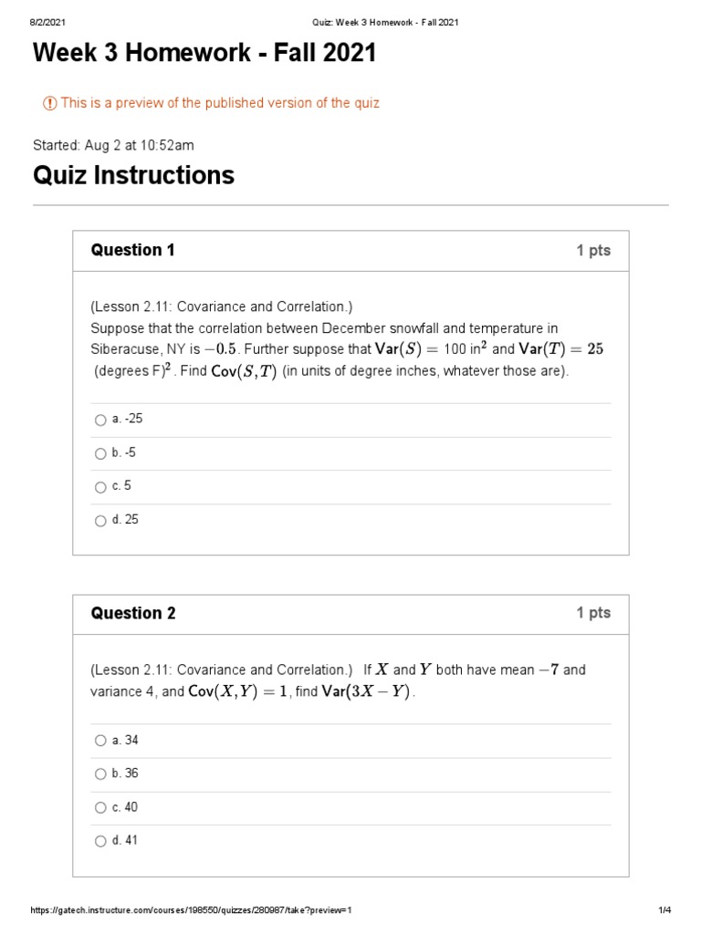Week 3 Homework Quiz - Fall 2021 | PDF | Variance | Measure Theory