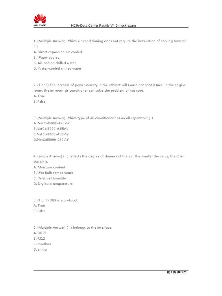 HCIA-Data Center Facility V1.0 Mock Exam | PDF | Power Supply | Air ...