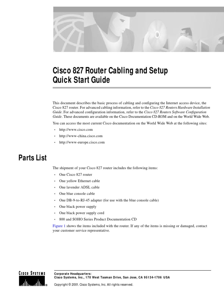 Cisco 827 Router Cabling and Setup Quick Start Guide: Parts List | PDF | Router (Computing ...