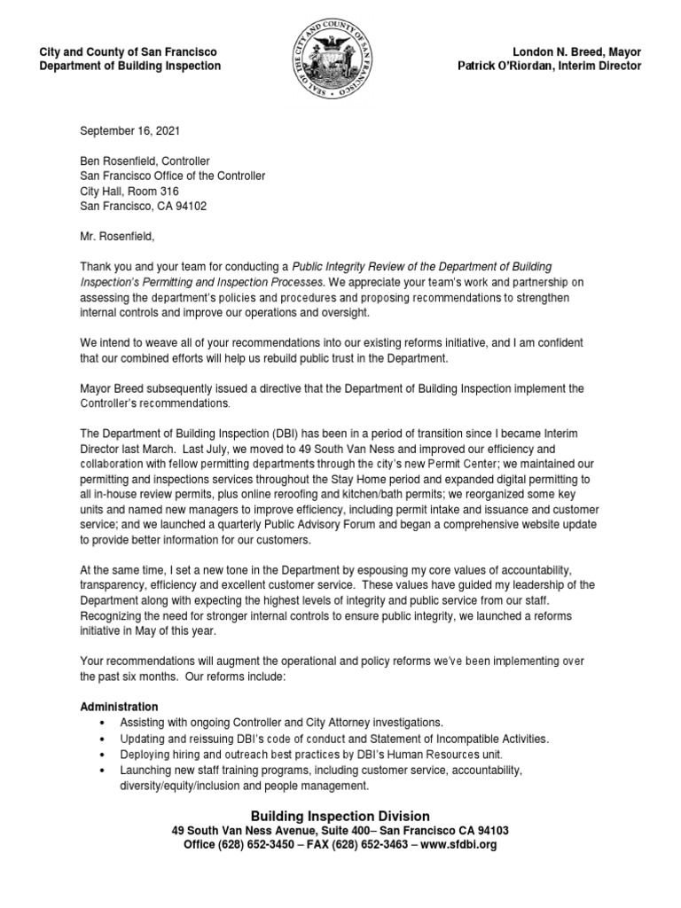 DBI Controller Public Integrity Review LTR 9 15 21 | PDF | Audit ...