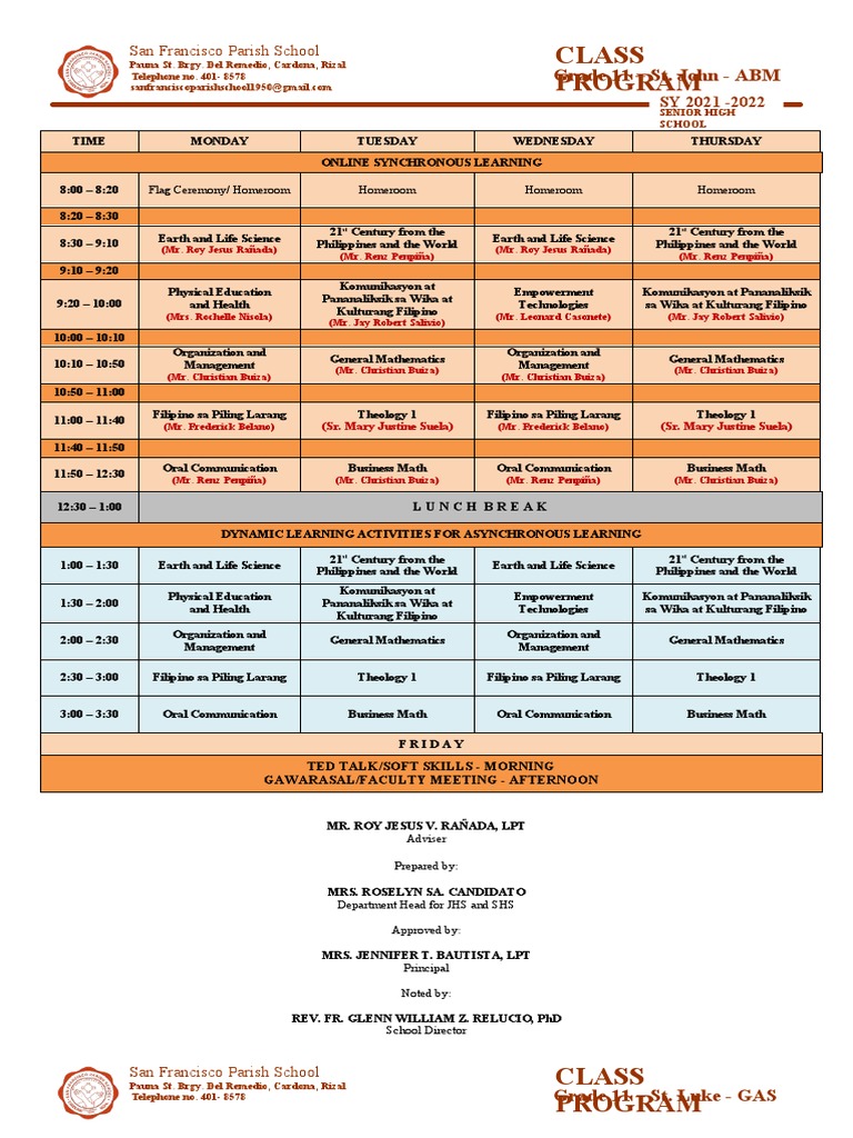 Shs Class Program | PDF | Academia | Cognition