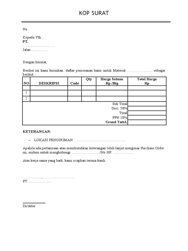 Contoh Surat Purchase Order Barang | PDF