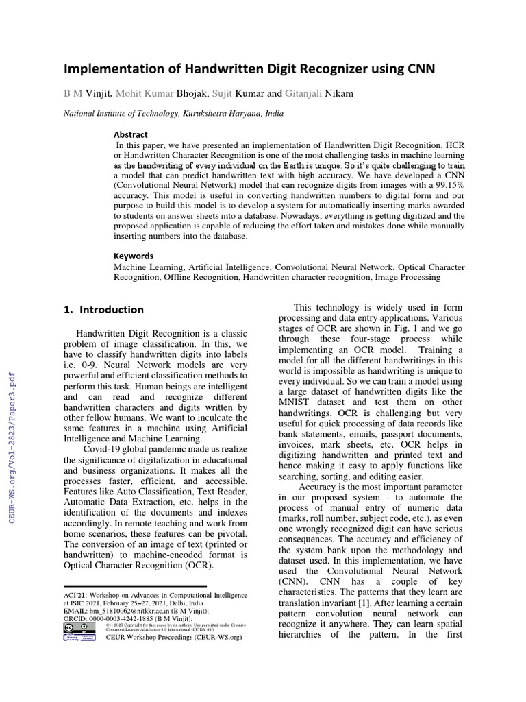 Implementation of Handwritten Digit Recognizer Using CNN: Vinjit, Bhojak, Kumar and Nikam ...