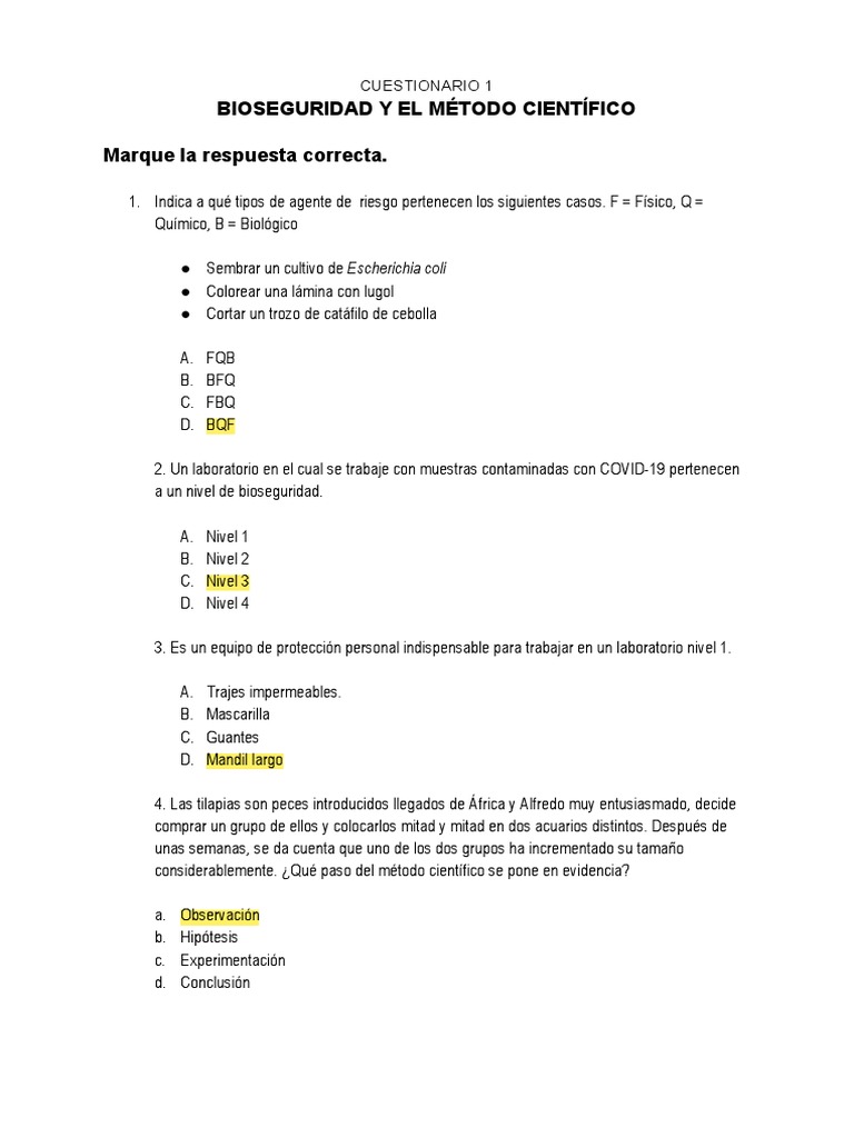 Cuestionario 1 - Bioseguridad Respuestas | PDF