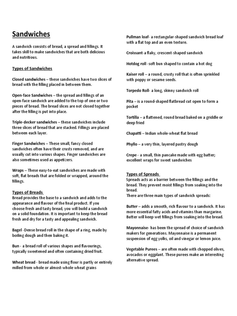 Sandwiches Handout | PDF | Sandwich | Foods