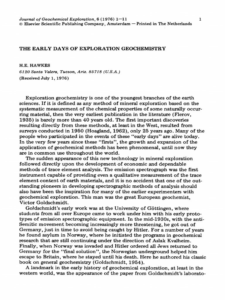 Hawkes The Early Day of Exploration Geochemistry | PDF | Prospecting | Tin