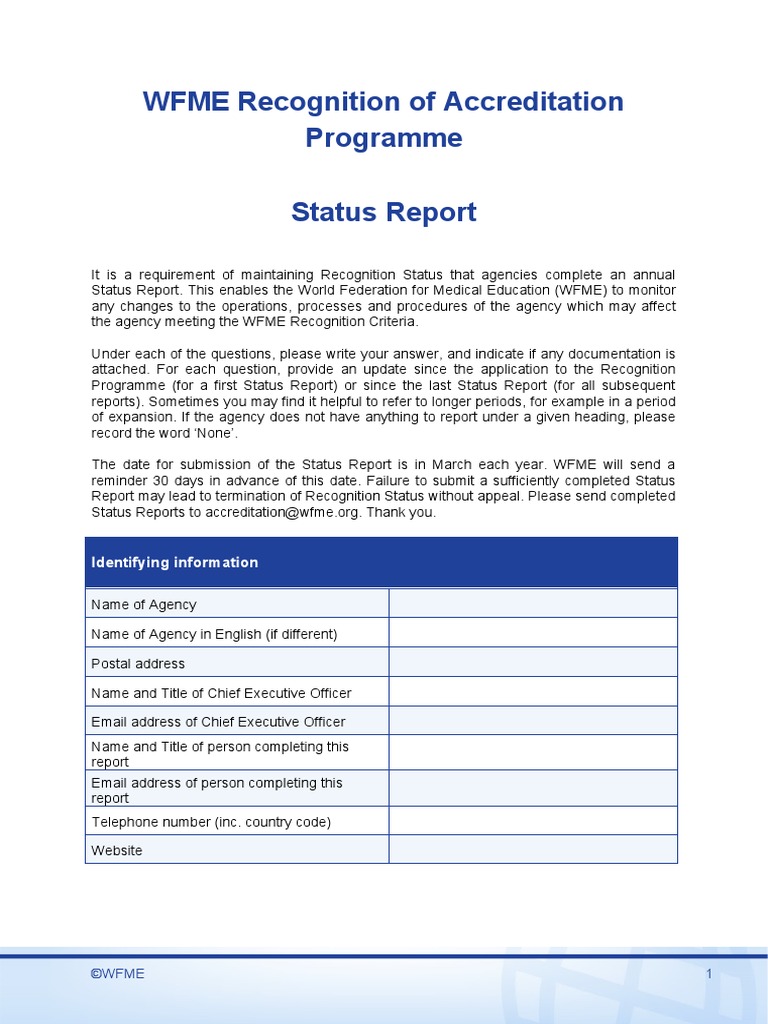 WFME Recognition of Accreditation Programme Status Report: Identifying ...