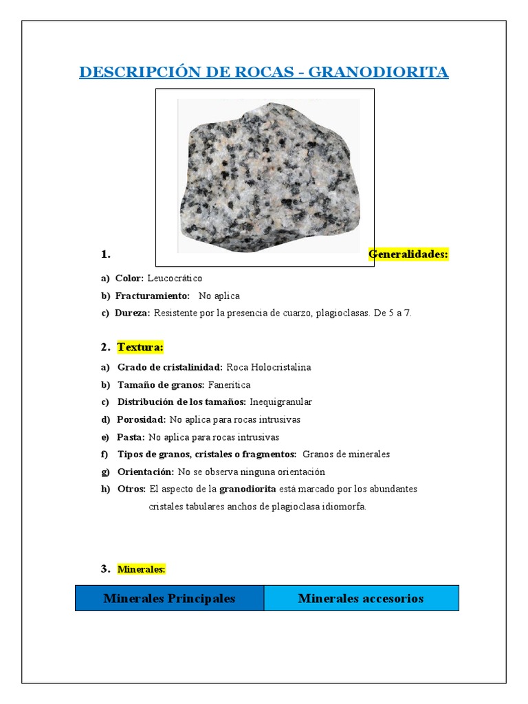 DESCRIPCIÓN DE ROCAS-granodiorita | PDF | Minerales | Granito