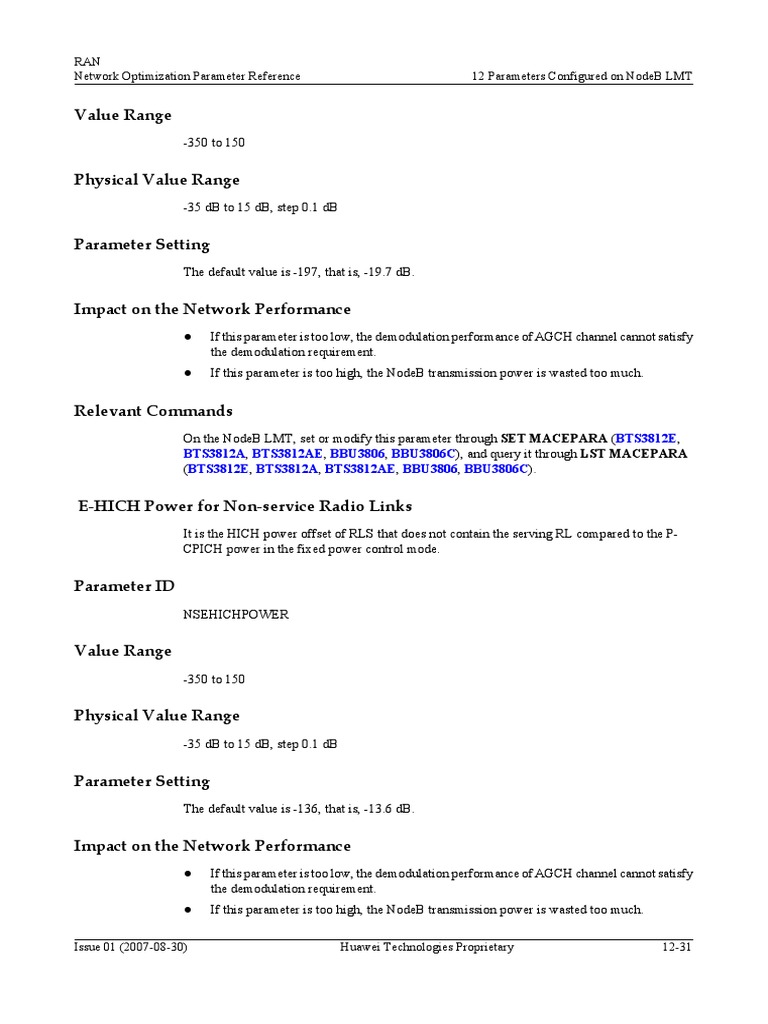Value Range: Ran Network Optimization Parameter Reference 12 Parameters Configured On Nodeb LMT ...