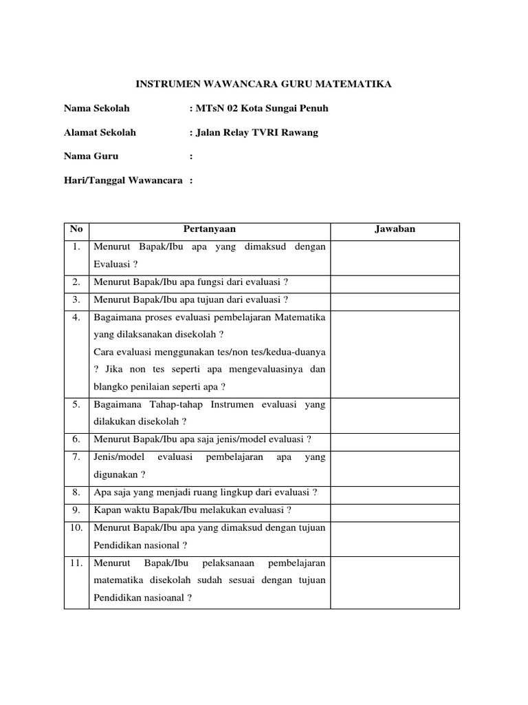 Instrumen Wawancara Guru Matematika | PDF