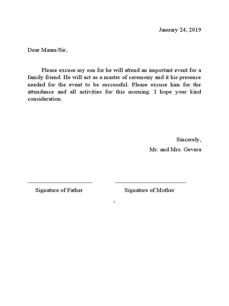 Excuse Letters for Family Events | PDF