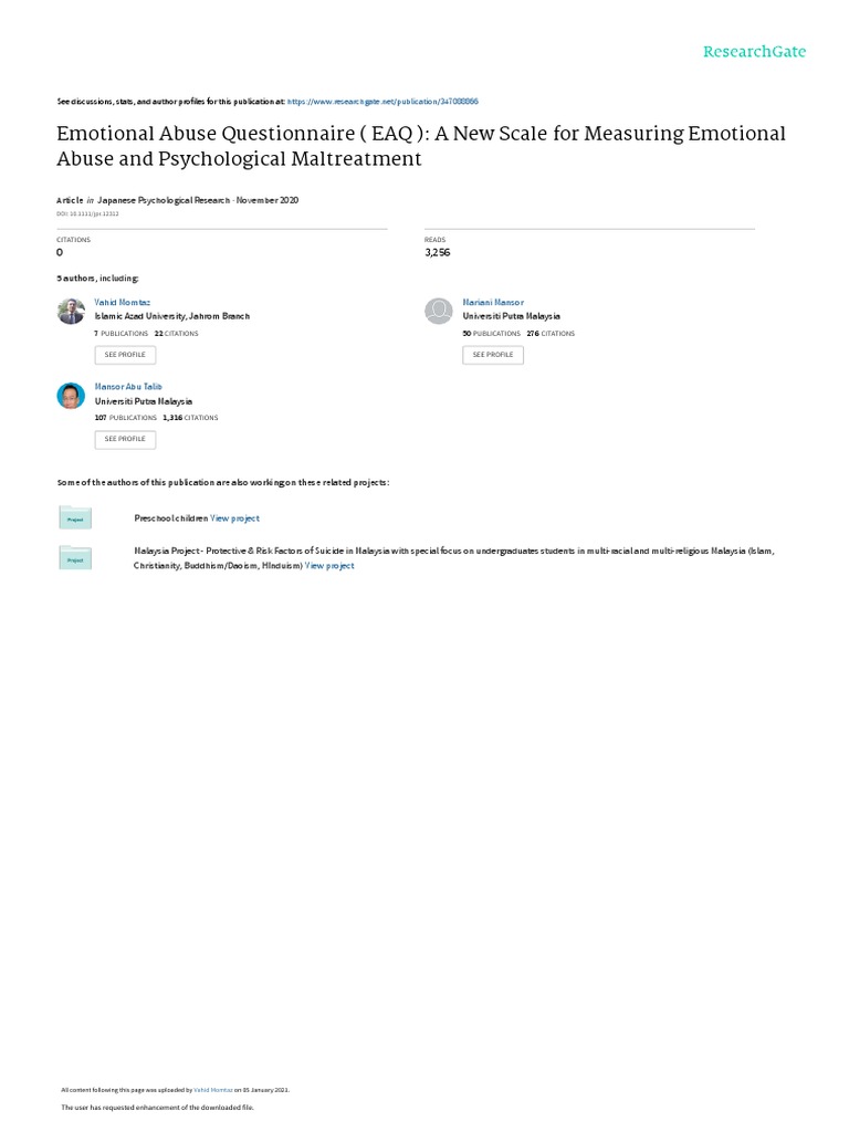 Emotional Abuse Questionnaire (EAQ) : A New Scale For Measuring ...