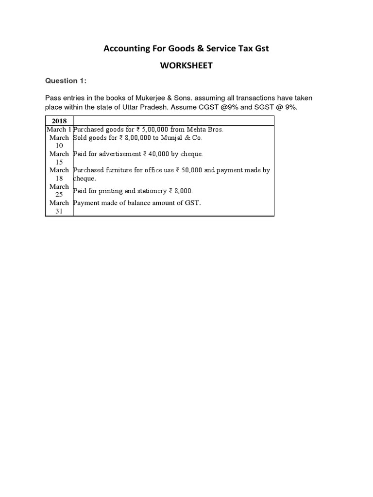 Accounting For Goods & Service Tax GST Worksheet | Download Free PDF ...