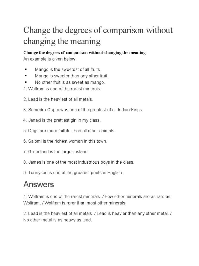 Change The Degrees of Comparison Without Changing The Meaning | PDF ...