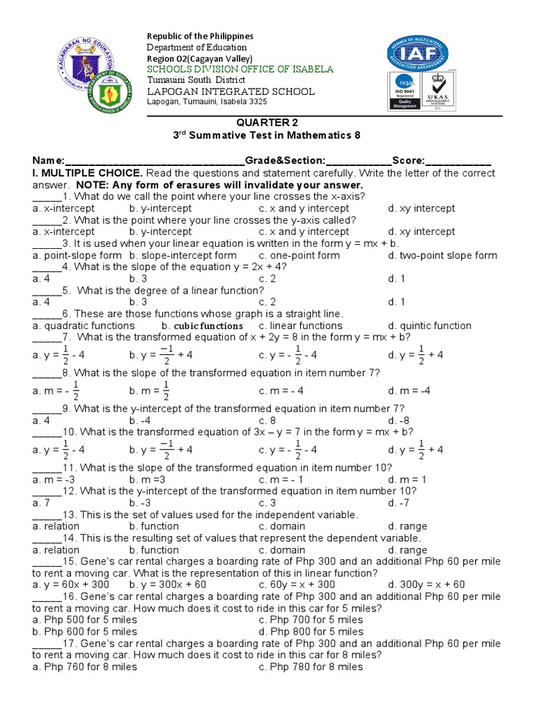 Mathematics 8 Quarter 2 Summative Test | PDF | Angle | Integer