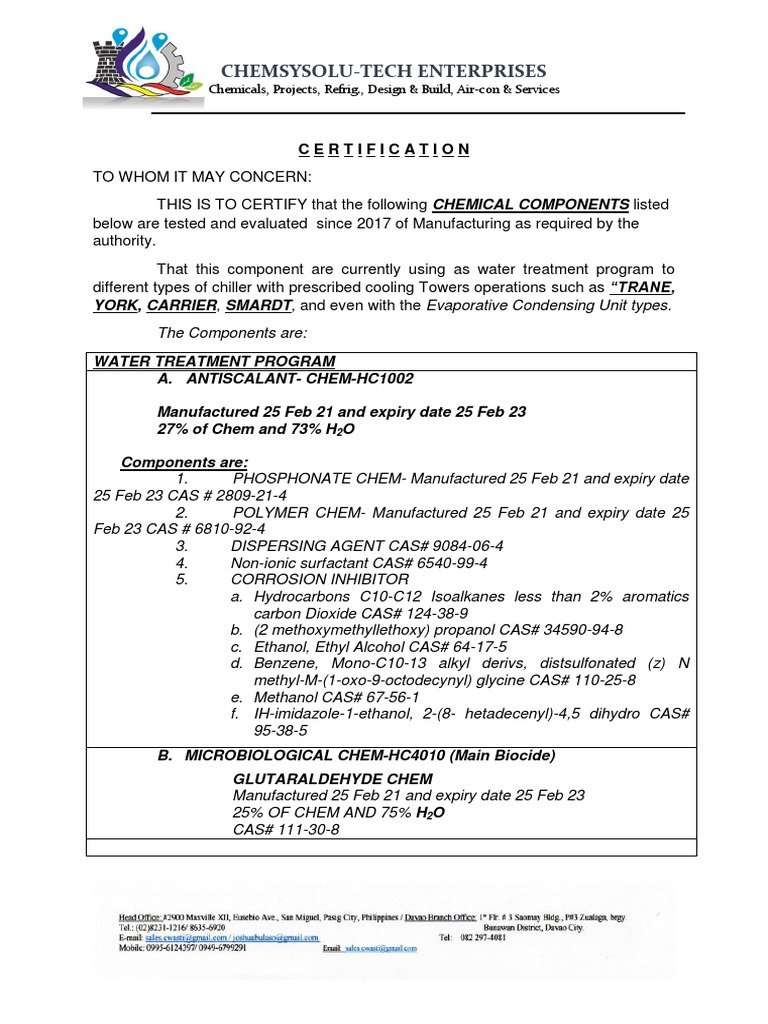 Certification of Chemical Components Used in Water Treatment Programs for Various Chiller and ...