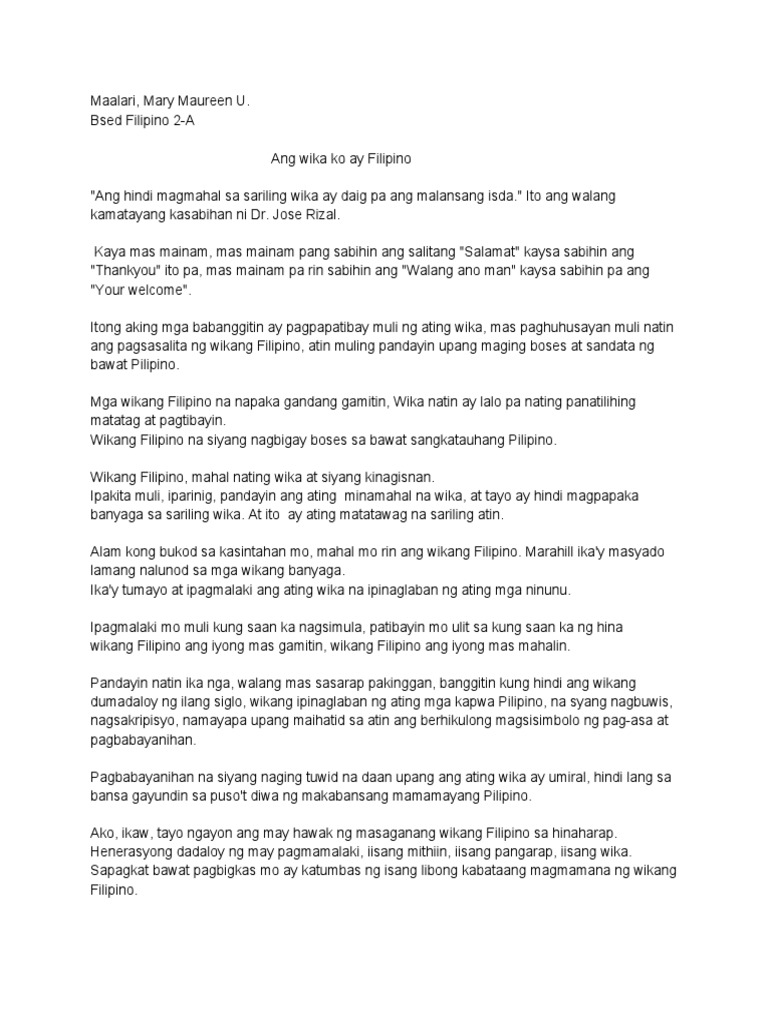 Ang Wika Ko Ay Filipino - Maalari, Mary Maureen. | PDF