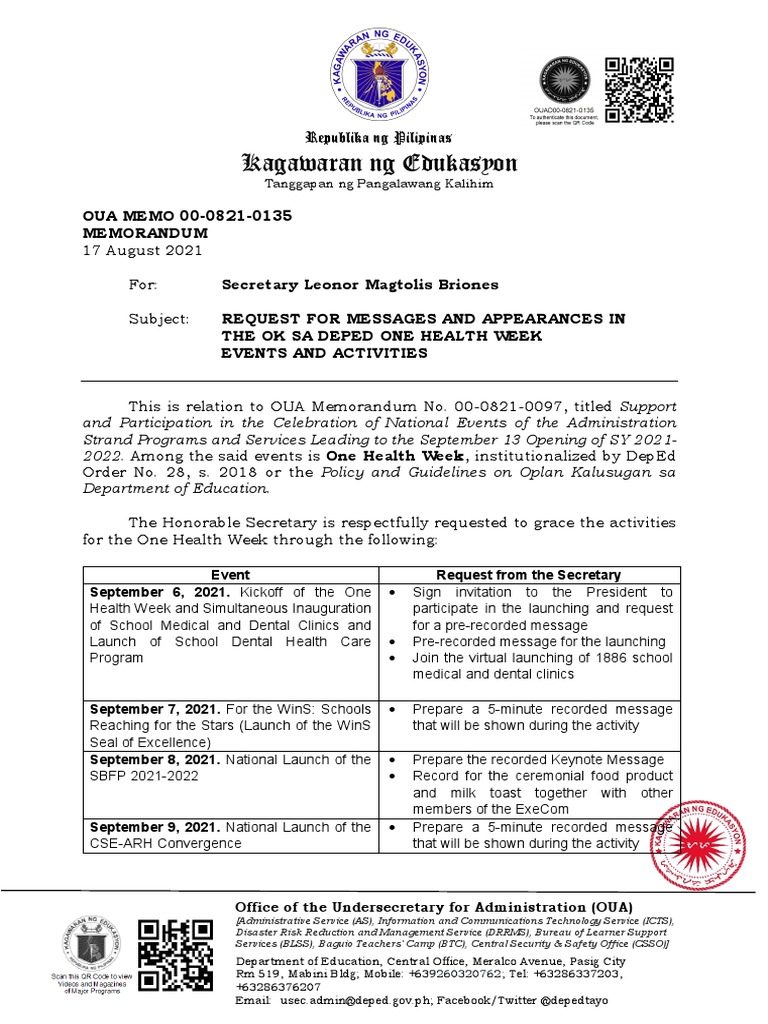 OUA Memo 0821135 Request For Messages and Appearance in The OK Sa DepEd ...