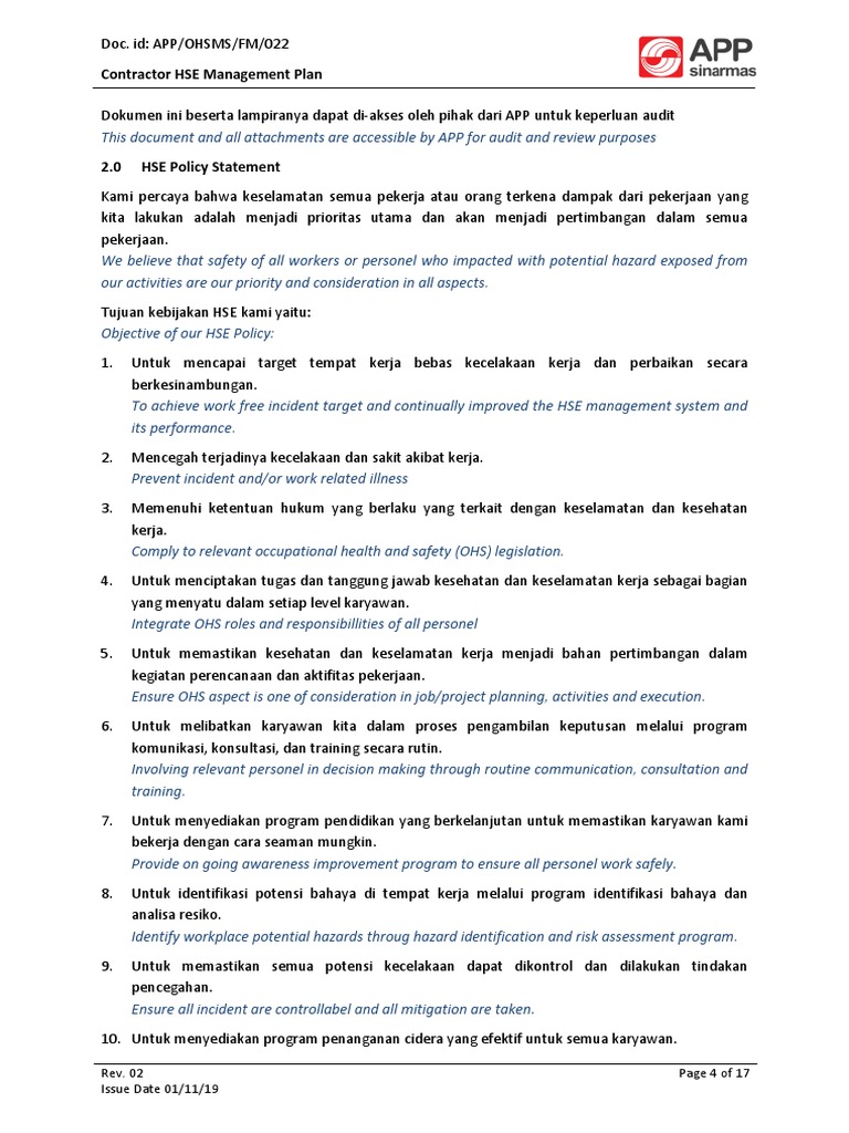 APP - OHSMS - FM - 022 CHSE Management Plan Rev 02 | PDF