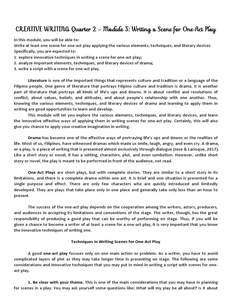 CREATIVE WRITING Quarter 2 Module 5 | PDF | Play (Theatre) | Plot (Narrative)