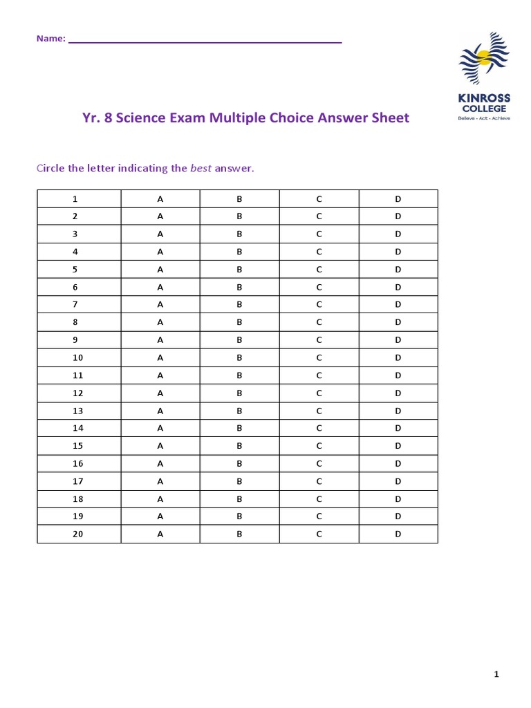 Yr. 8 Science Exam Multiple Choice Answer Sheet: Circle The Letter ...