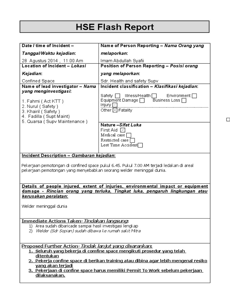 HSE Flash Report - Ledakan di Confined Space Mengakibatkan 1 Karyawan Meninggal | PDF