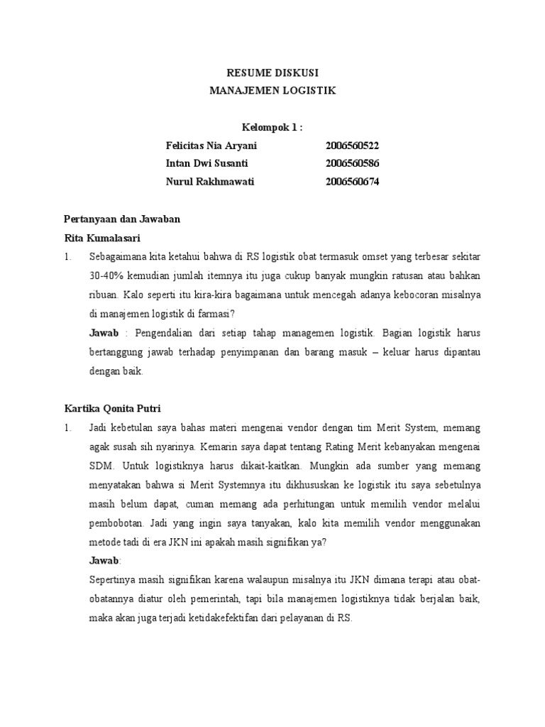 Kelompok 1 - Resume Istilah Manajemen Logistik RS Dan Siklus Logistik Di RS | PDF