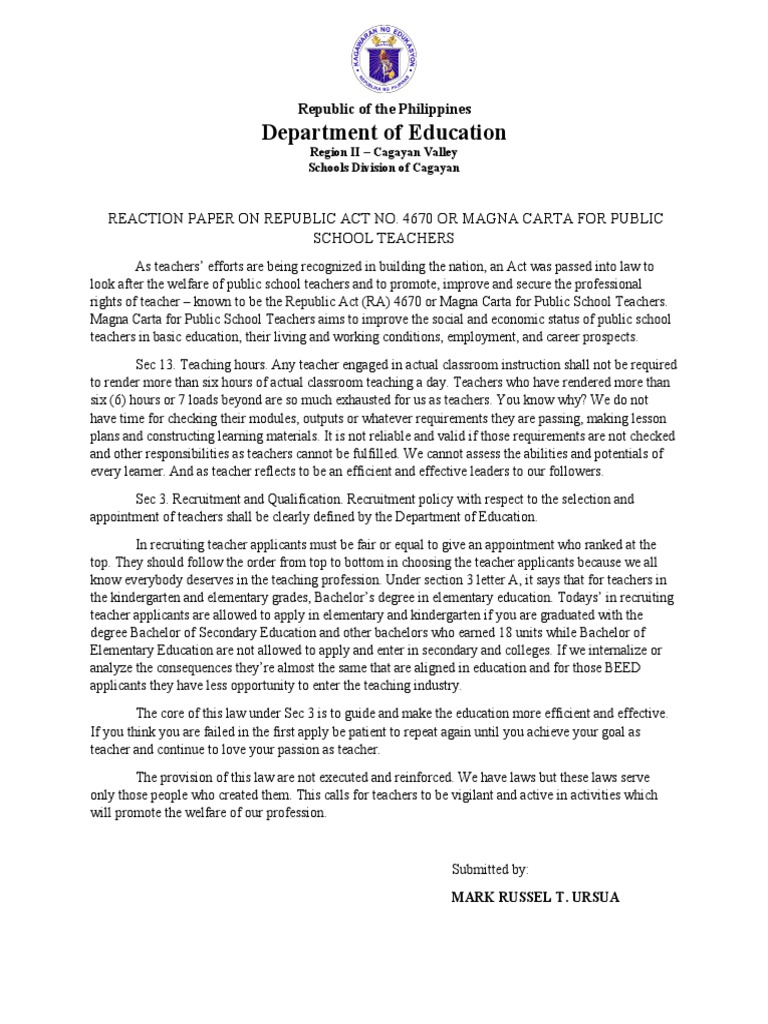 Reaction Paper in Ra 4670 & 7836 | PDF | Teachers | Schools