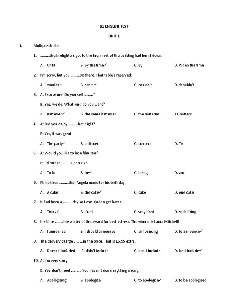 Kiem Tra B1 English Test-Keys For Multiple Choice | PDF