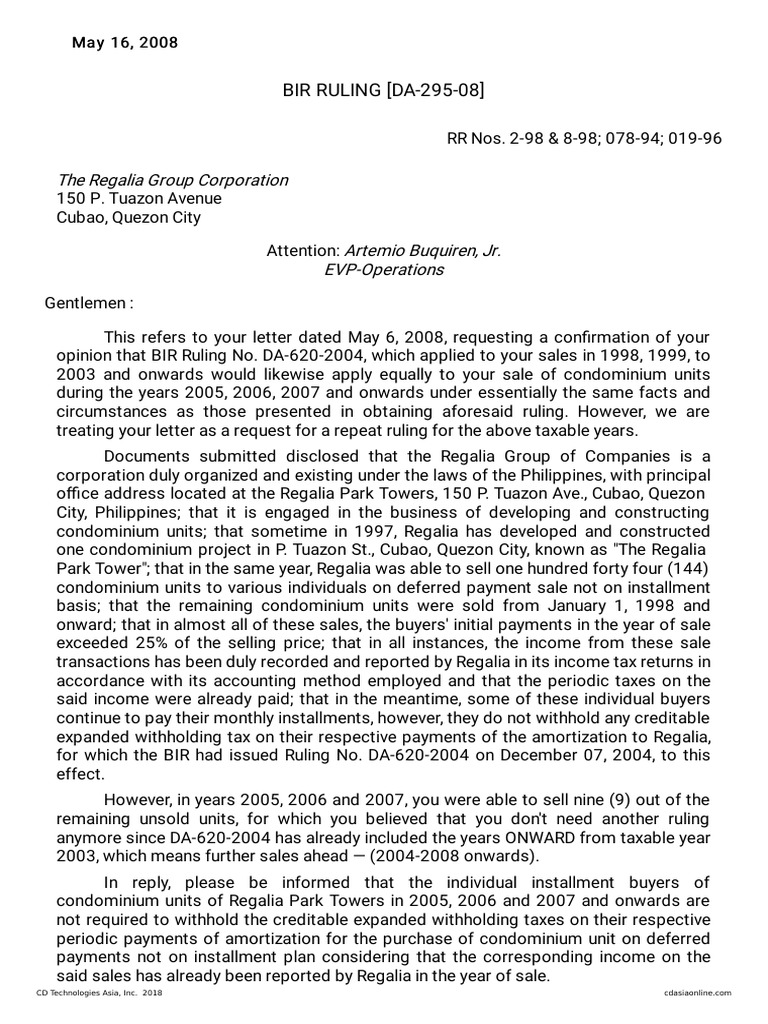 BIR Ruling on Regalia Condo Sales Tax | PDF | Taxes | Taxation In The ...