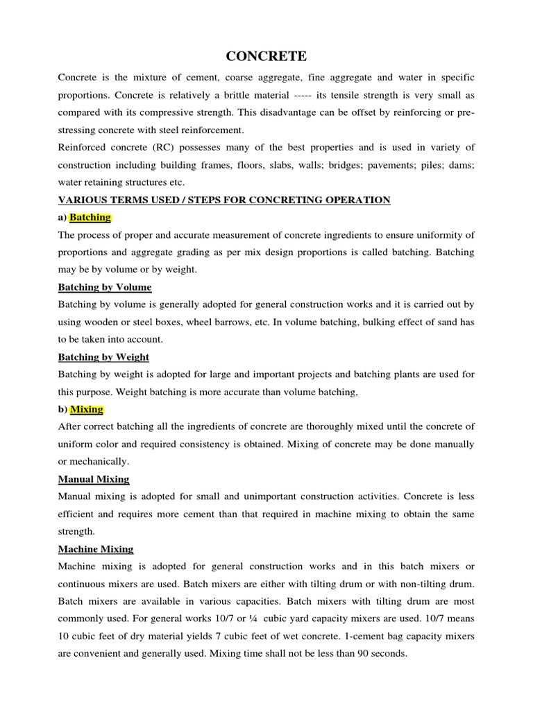 Concrete: Various Terms Used / Steps For Concreting Operation A ...