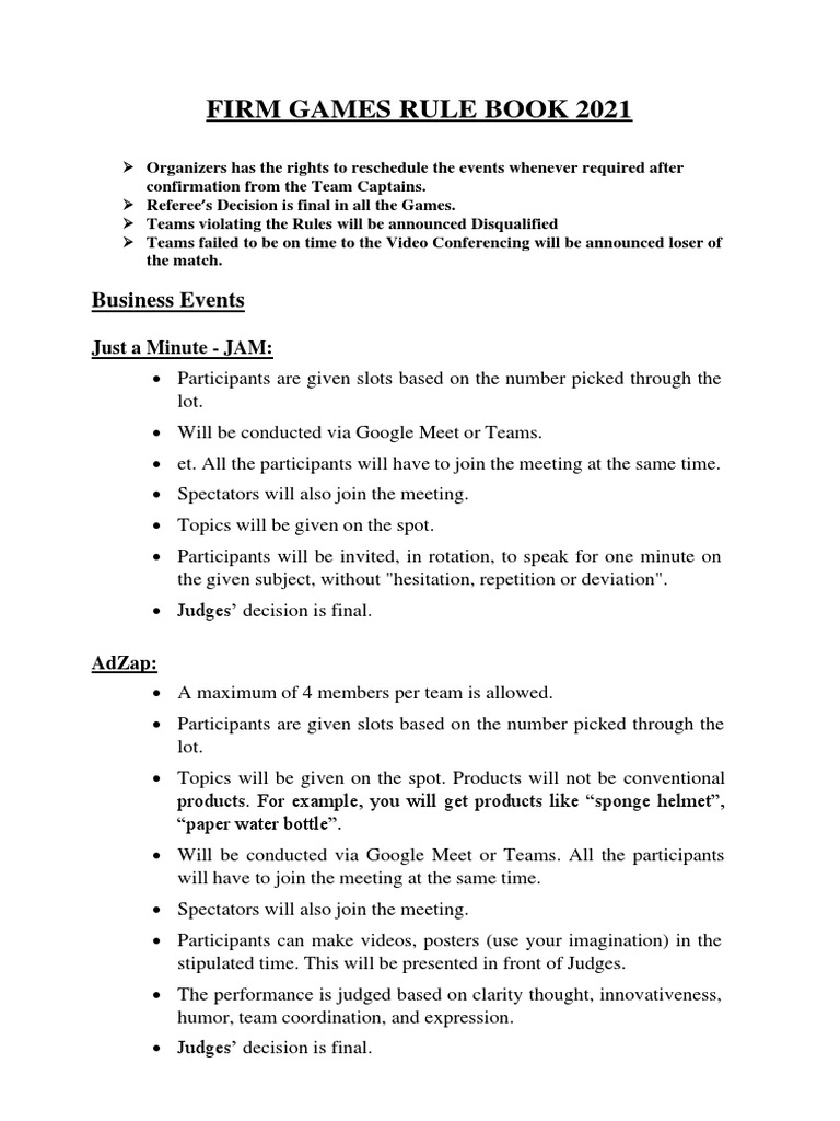 Firm Games Rule Book 2021: Business Events | PDF