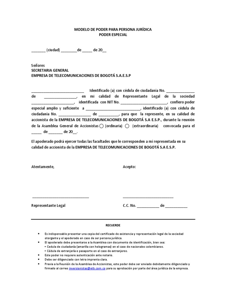 Modelo Poder ETB para Persona Juridica | PDF | Negocios
